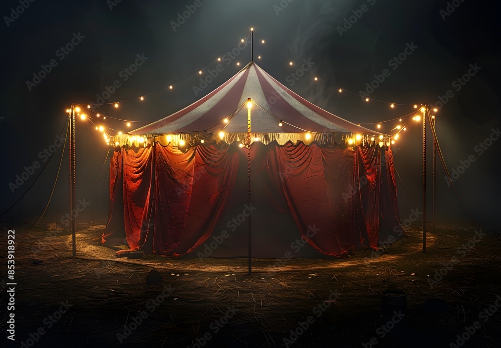 Circus tent illuminated by spotlights with curtains on the sides ...