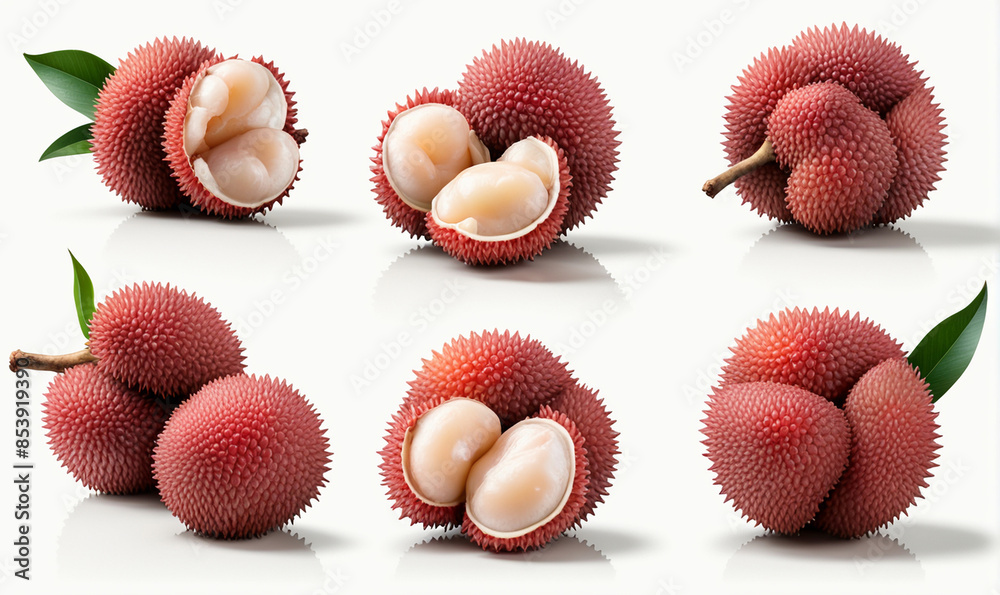 Lychee litchi lichee fruit, many angles and view side top front group ...