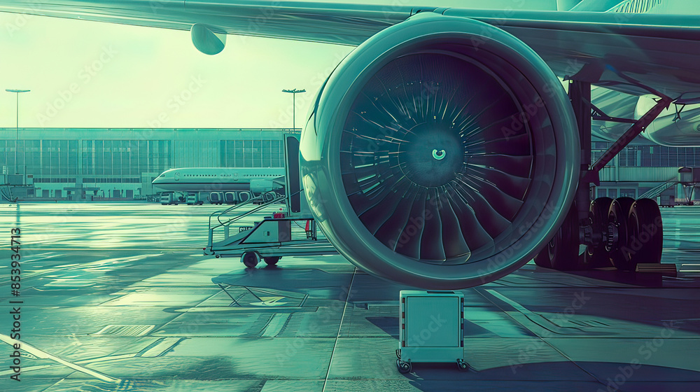 Photorealistic image of airplane engine and wing at terminal gate ...