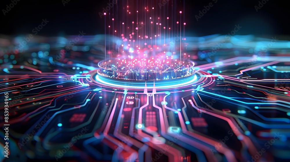 A futuristic digital wallpaper with neon circuits and glowing lines ...