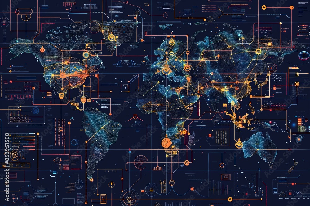 Illustration Stock seamless pattern flat illustration style, world map ...