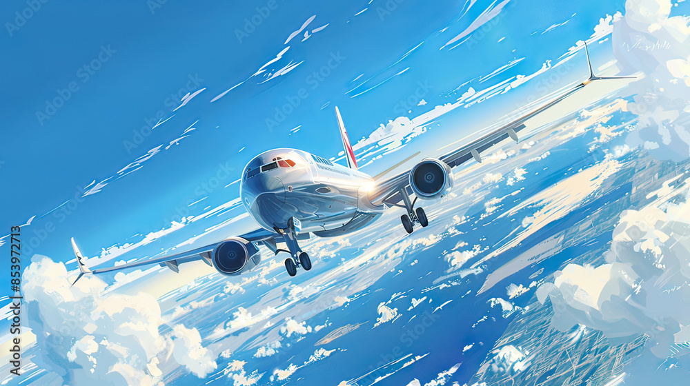 Ultra-detailed depiction of a passenger airplane flying intricate ...