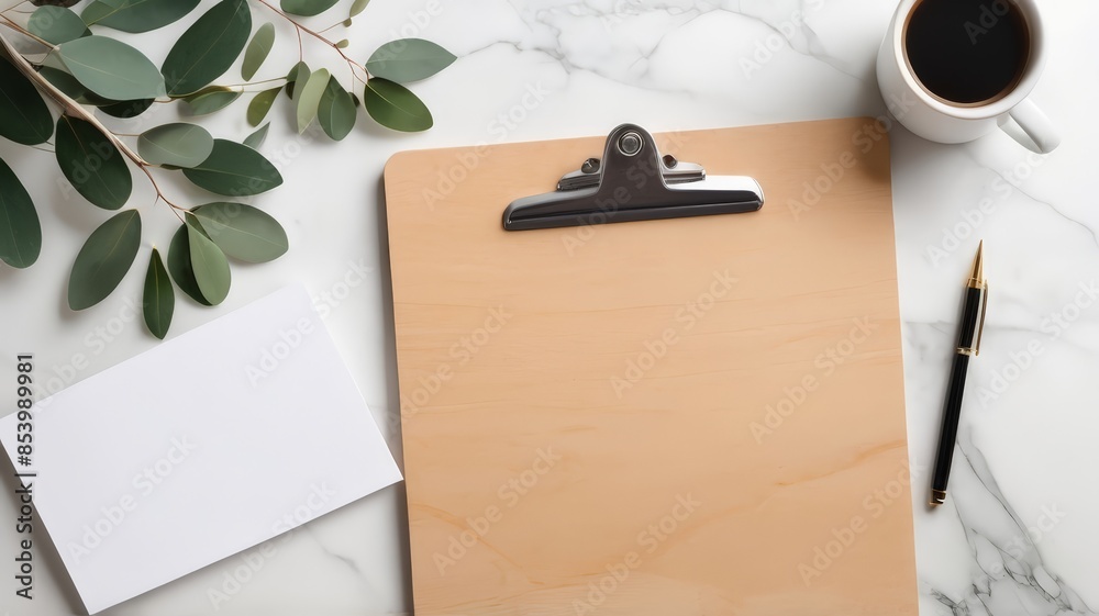 Mockup of wooden clipboard with blank paper on marble table with office ...