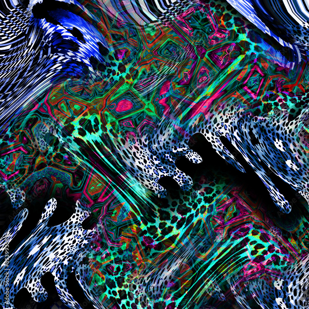Combination textile collage pattern of wave and lines colored leopard ...