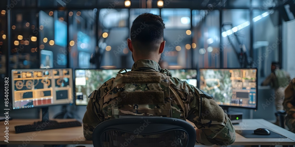 Soldier working on computer with multiple screens in a modern office ...
