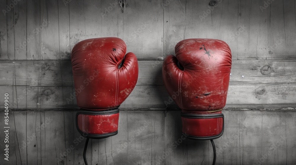 A pair of vintage, worn red boxing gloves rest together, telling tales ...