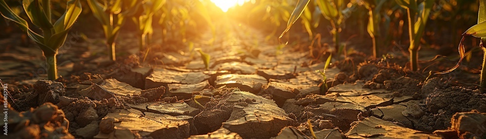 Withered corn plants and desiccated soil under golden light ...