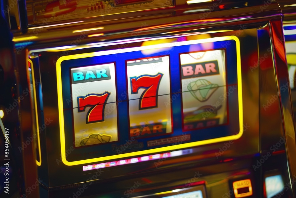 Slot machine display features bars and sevens highlighted by yellow and ...