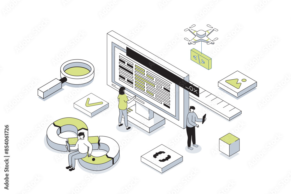 DevOps 3d isometric concept in outline isometry design for web. People ...