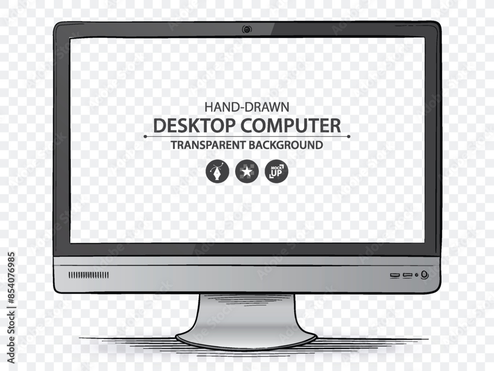 Desktop Computer Monitor Screen Vector Drawing Illustration with Transparent Background. Hand ...