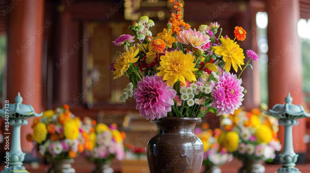 A traditional Japanese temple setting with an elaborate floral ...