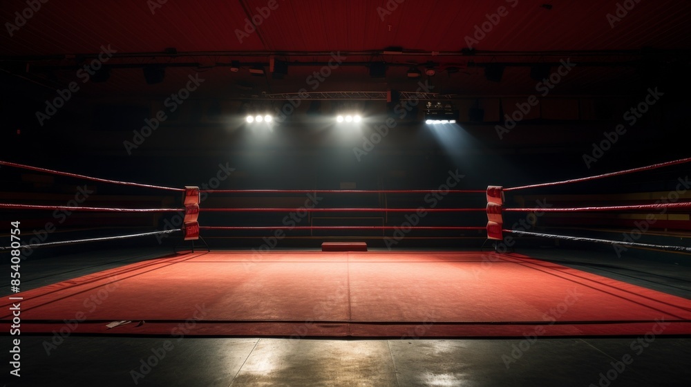 A dramatic photo of an empty boxing ring illuminated by a spotlight ...