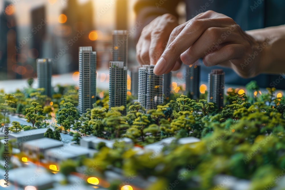 Hands assembling architectural scale model of urban cityscape with ...