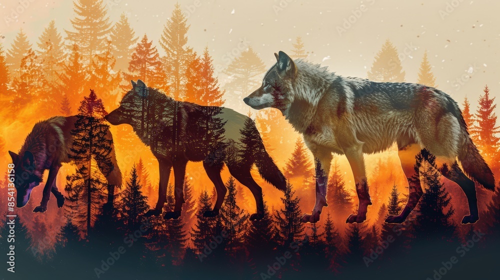Artistic depiction of wolves in a forest. Blending wildlife and nature ...