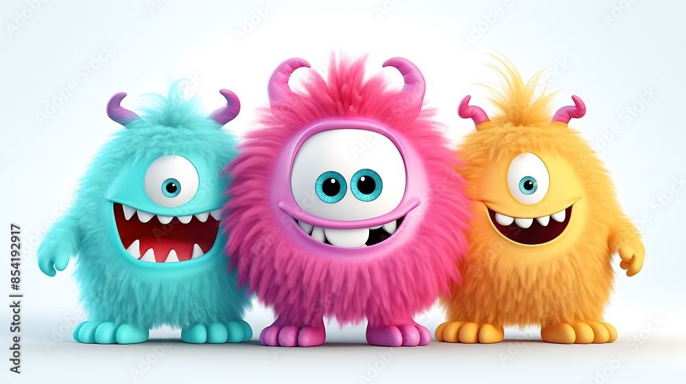 Three cute and colorful monsters standing together. They have big eyes ...