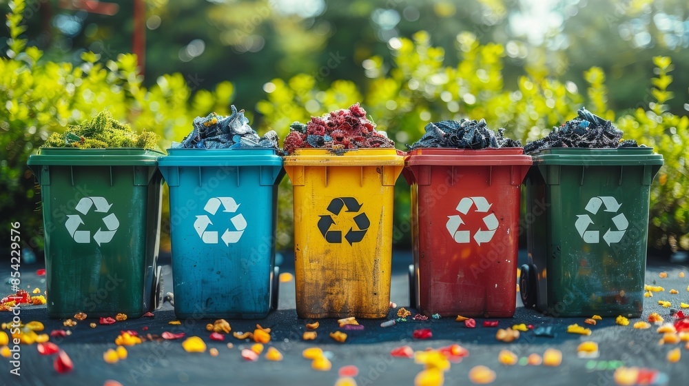 Brightly colored waste bins exhibit proper waste segregation with ...