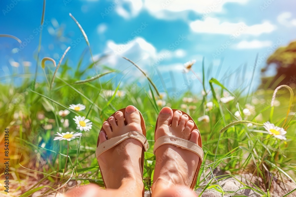 First-person perspective of someone's feet in sandals surrounded by a ...
