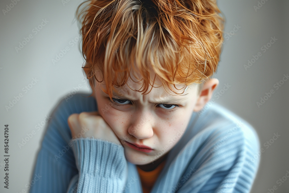a young boy who appears to be very angry. His eyebrows are furrowed ...