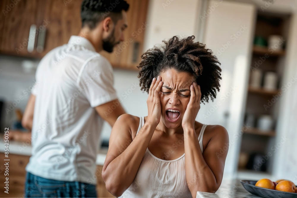 African American woman is crying in a kitchen, family problems ...