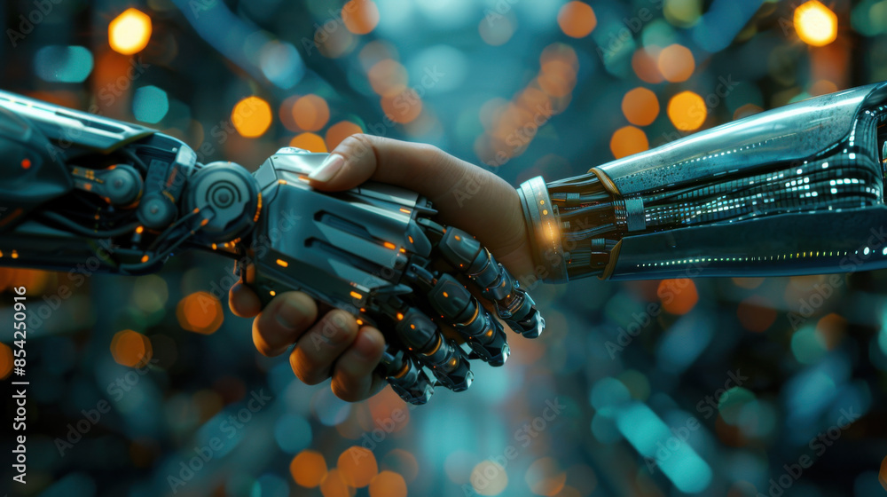 A human hand shaking a robotic hand, symbolizing the partnership between humans and robots in ...