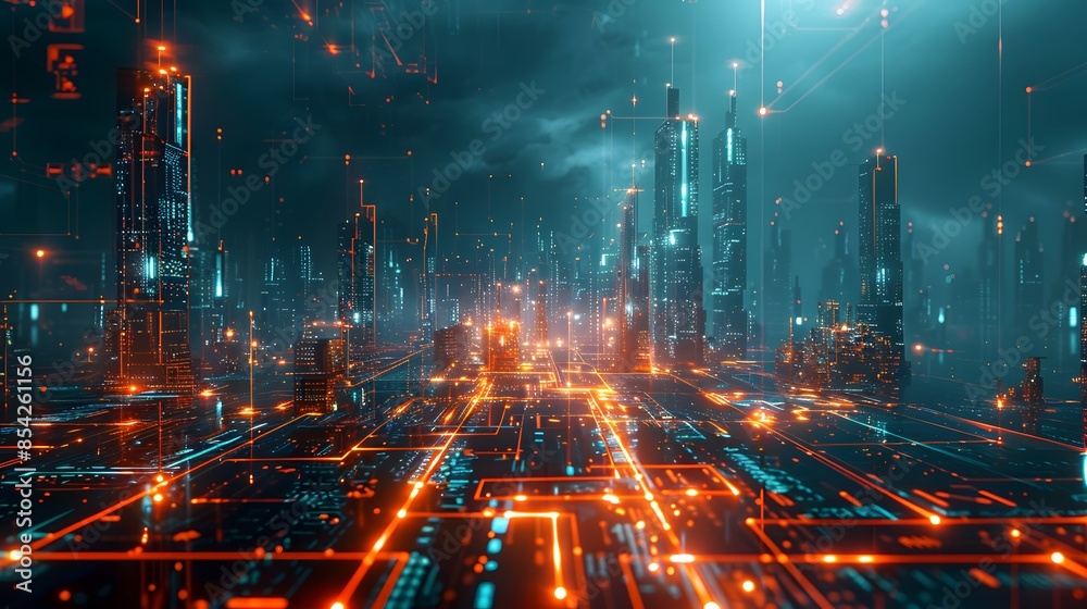 Night city Cyber punk landscape concept. Light glowing on dark scene ...