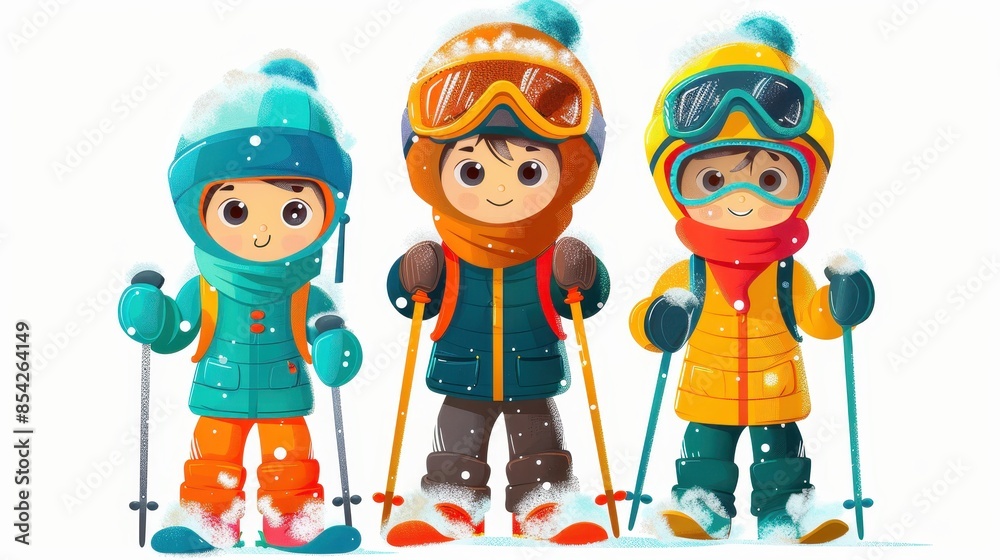 Three cartoon children characters in winter ski outfits with skis and ...