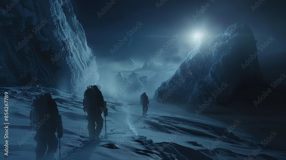 Brave explorers cautiously traverse a treacherous icecovered landscape ...