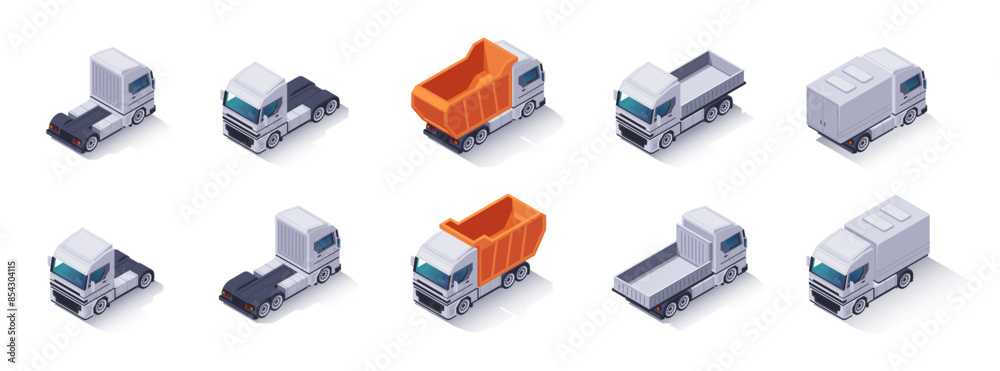 Isometric trucks set. Logistics vehicle icons with containers for cargo ...