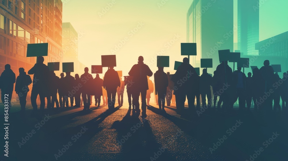 Silhouettes of protesters holding signs and marching in a city street ...