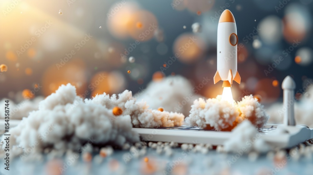 Miniature rocket model launching among fluffy clouds, evoking dreams of ...