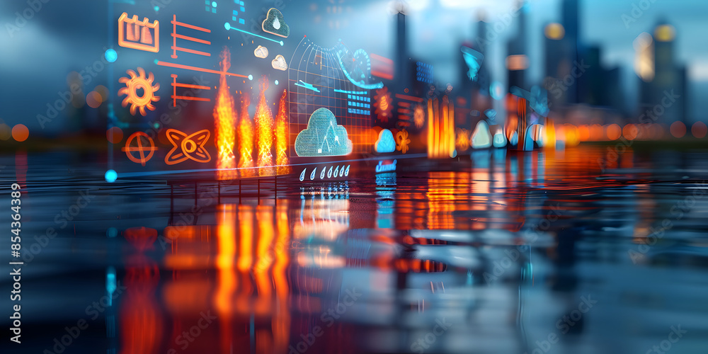 Global Warming Concept with digital icons like water, farm, land ...