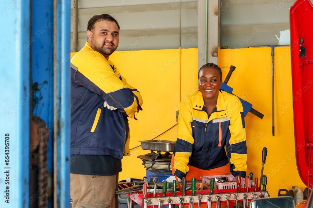 Mechanics posing in a garage with tools. Male and female technicians in ...