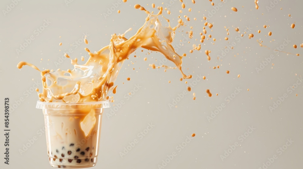 Dynamic liquid splash of a milky, caramel-colored drink, likely a type ...
