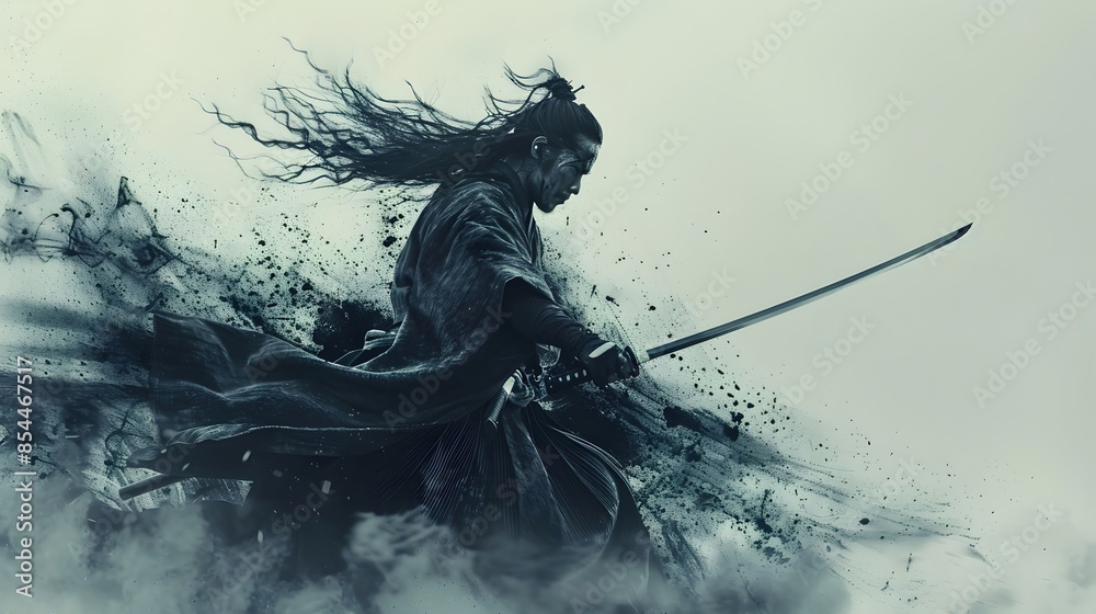 Skilled Japanese Samurai in Powerful Mid-Strike with Katana Sword,Dark ...