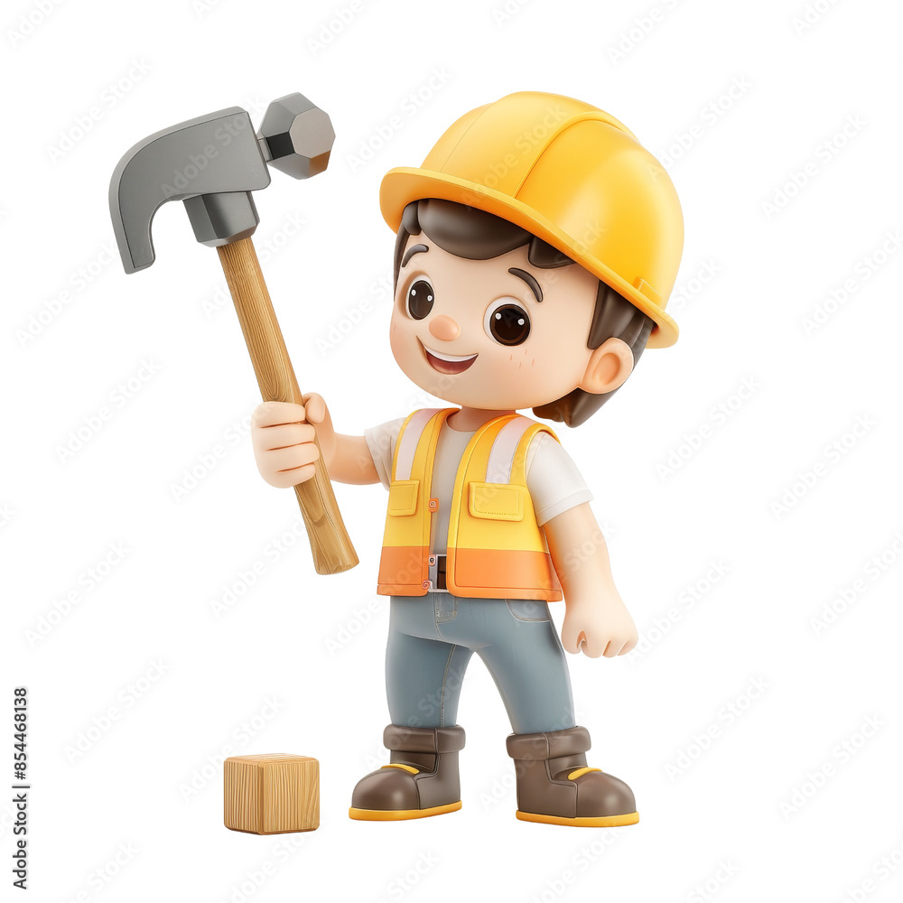 Cartoon character boy in yellow construction outfit holding hammer on ...