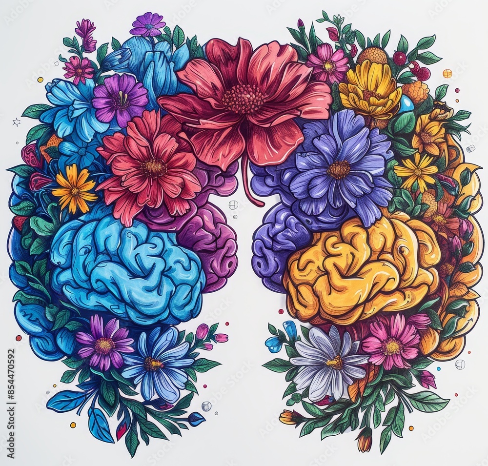 Colorful drawing of two brains with flowers growing on them, clipart ...