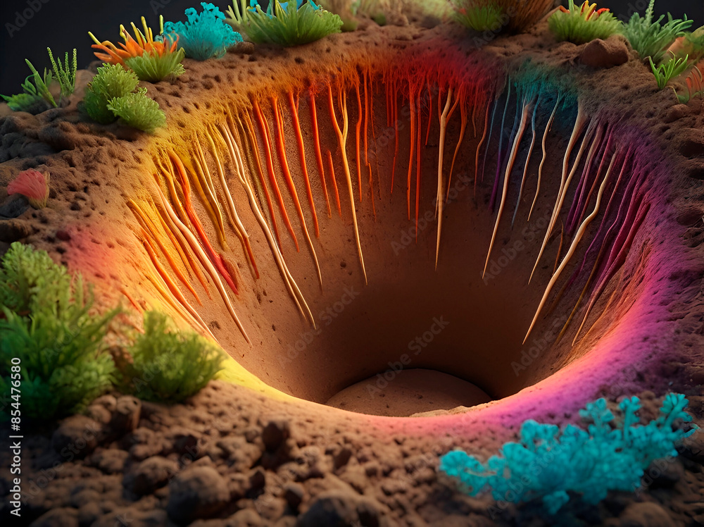 Illustrate a cross-section of soil with mycelium spreading through it ...