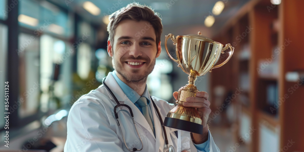 Smiling happy successful respected doctor in a white coat holding a ...