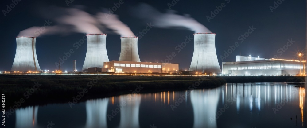 Rendering of a nuclear power plant with floating turbines and air coolers Stock Photo | Adobe Stock