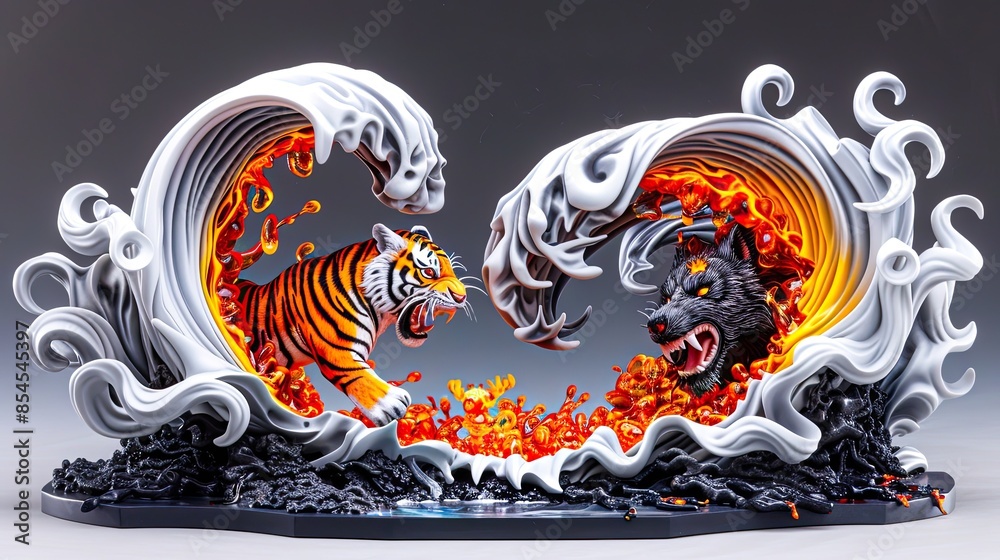 Artistic sculpture of a tiger and dragon facing off, surrounded by ...