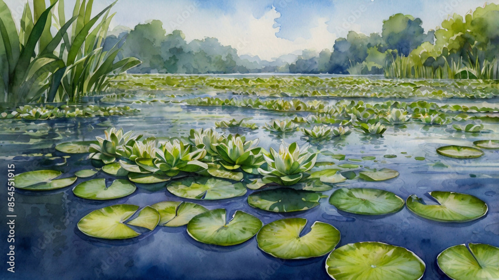 Watercolor painting: The floating nature of duckweed, its rapid growth ...
