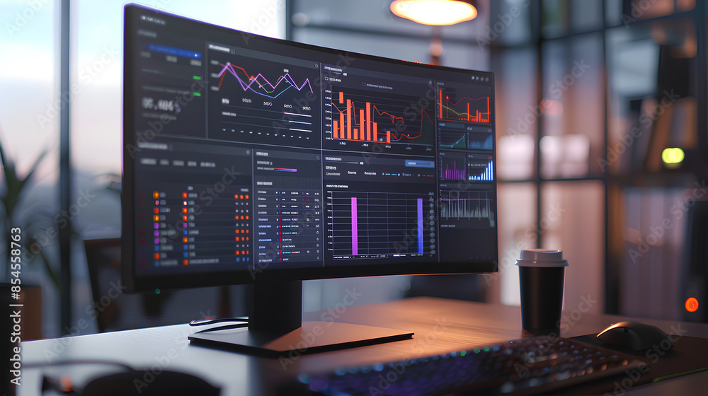 Computer monitor displaying an abstract network monitoring dashboard with real-time data ...