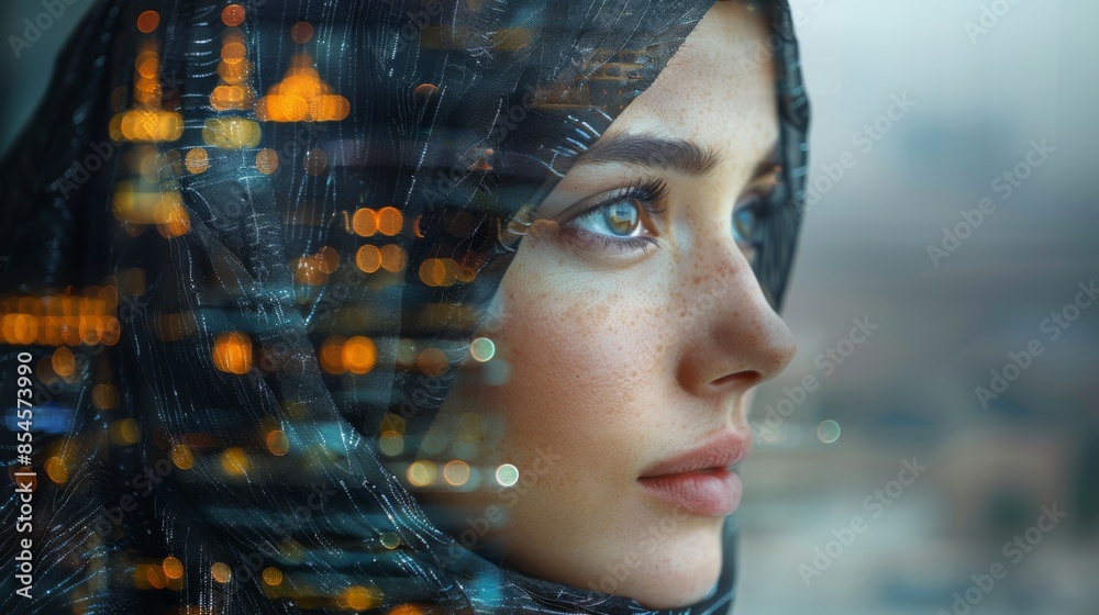 double exposure photography. arabic face in abaya shaped by buildings ...