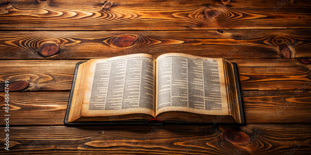 Open Holy Bible on a vibrant yellow wooden surface with visible wood ...
