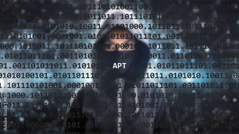 Cyber attack apt text in foreground screen, anonymous hacker hidden with hoodie in the blurred ...