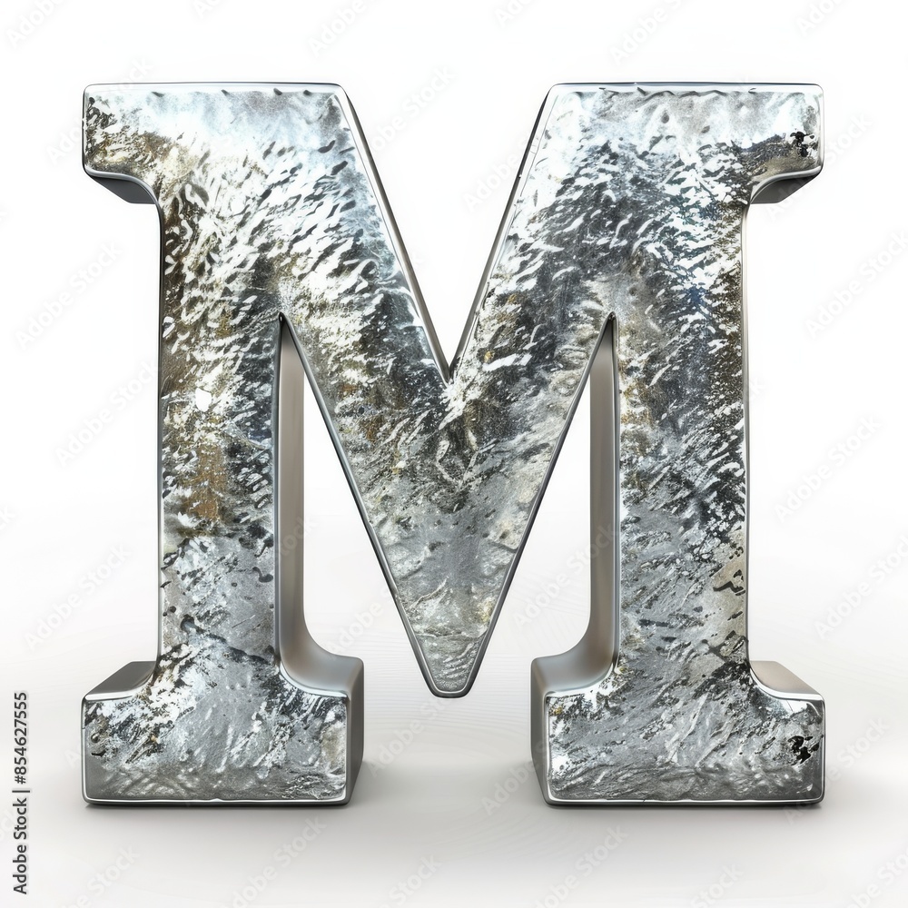 Y2K font type 3D glossy silver letter M with liquid metal surface, modern realistic chrome ...