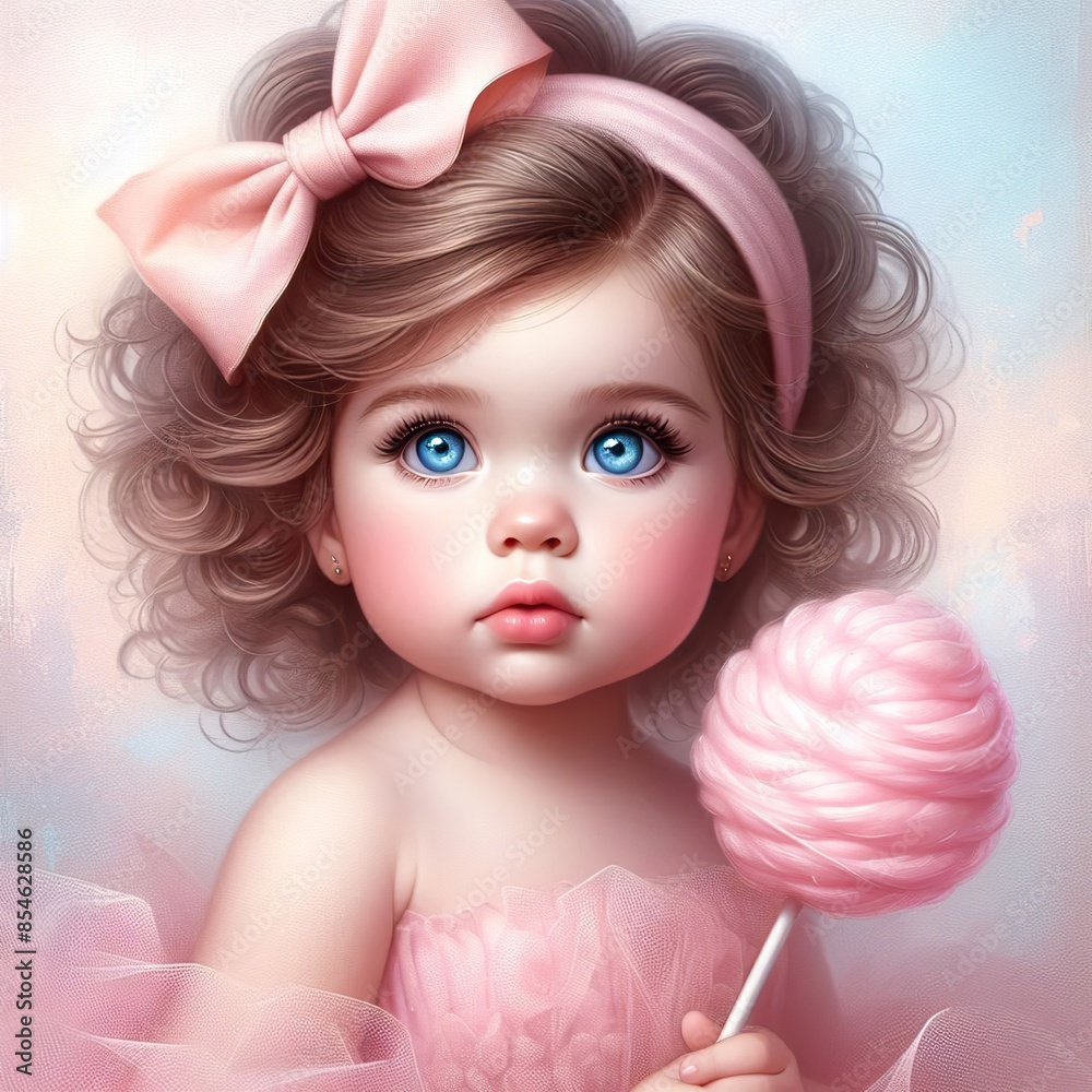 realistic airbrush painting of a baby girl in pastel pink tulle dress ...