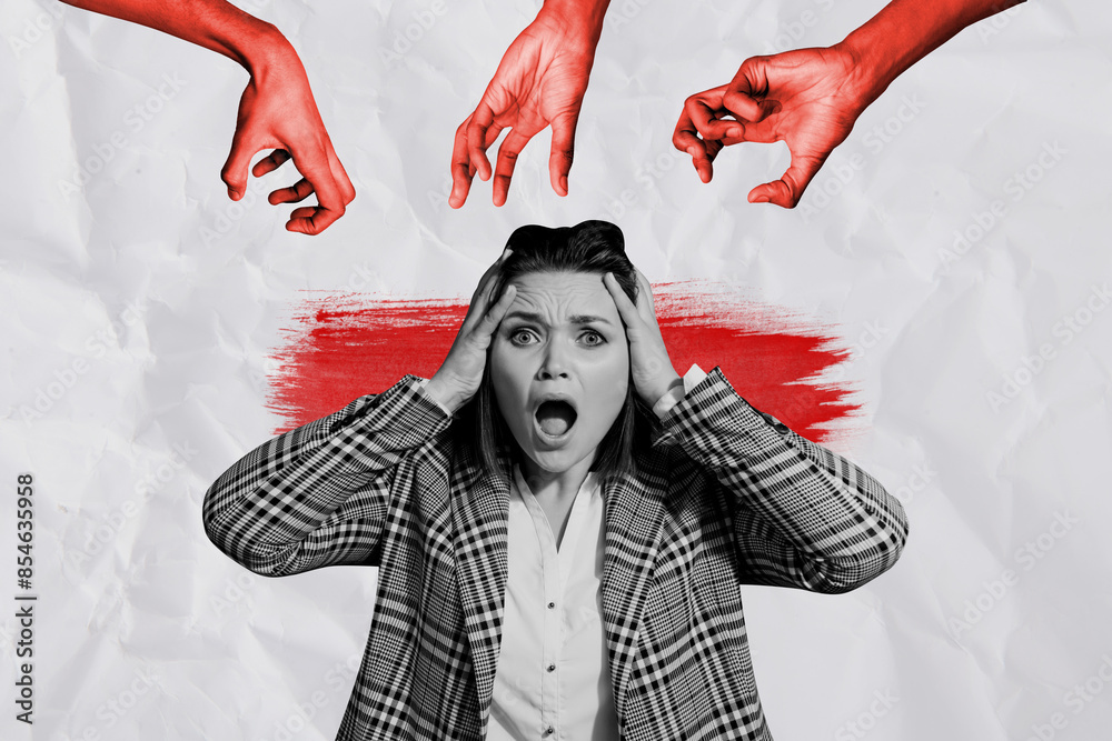 Composite collage picture image of hand touch scared female stop sexual ...