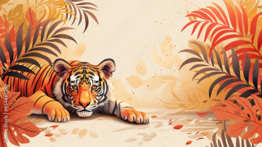 Horizontal banner. International tiger day. Cute tiger cub peeks out ...