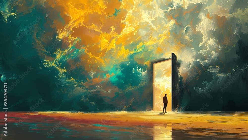 An intriguing illustration depicting a person standing by a glowing ...